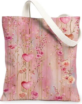 Generic Sacs fourre-tout en toile florale, motif coeur romantique floral, sacs d&eacute;picerie r&eacute;utilisables, sacs d&eacute;picerie printaniers, vintage, l&eacute;gers, lavables,