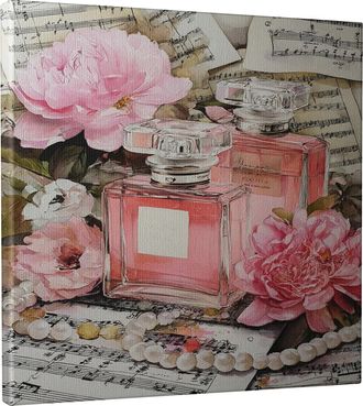 Generic Pfirsichblumige Parf&uuml;mflasche auf Leinwand, Wandkunst, Rouge-Blumenmalerei, Dekoration, Fr&uuml;hlings&auml;sthetik, Wandkunst f&uuml;r Wohnzimmer, Schlafzimmer, Bad