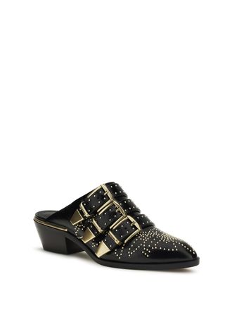 Chlo&eacute; Womens Susan Leather Mules Black Calf Bos Taurus Sandal