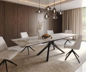 DELIFE Esstisch Edge 200-300x100 Keramik Minas Melange Weiß-Beige Kreuzgestell Rechteck Schwarz ausziehbar, Esstische