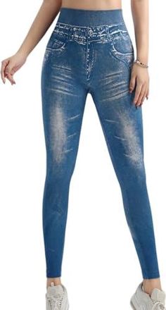 Onsoyours Jeggings Imitation Jean Femme Yoga Leggings Taille Haute Ceinture Stretch Slim Jeggings Extensible Pantalon Imitation Denim A Bleu M