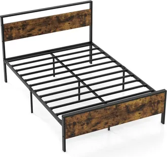 Costway Costway - Cadre de Lit M&eacute;tal Double 200x140CM avec T&ecirc;te & Pied de Lit en Bois, Lattes en M&eacute;tal Robustes, Espace sous le Lit, Pas Besoin de Sommier