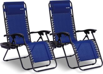 SereneLife Gartenliege 2er Set - Klappbare Sonnenliegen mit Verstellbarer Rückenlehne, Kopfstütze & Getränkehalter Wetterfest & bequem, Für Terrasse, Balkon, Gar