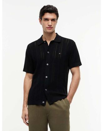Tommy Hilfiger Kurz&auml;rmliges Relaxed-Fit-Hemd aus Pointelle in Schwarz mit Leinenanteil