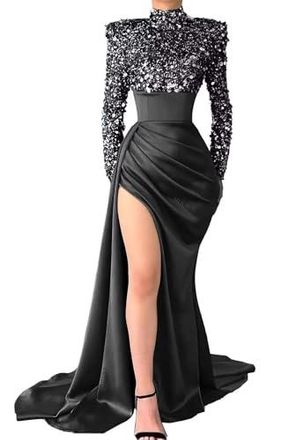 Generic Robe de soirée à col roulé à paillettes olive - Robe de soirée sirène à lacets dans le dos et fente haute, Noir, 48 Grande taille