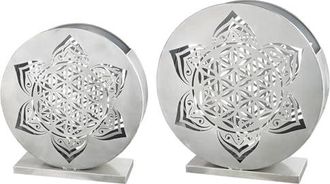 Gilde 2er Set Windlichter Mandala aus Metall - silberfarben - antikfinish - Lebensblumenmotiv - Kerzenleuchter