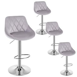 Woltu Tabouret Bar Lot de 4, Chaise Haute Bar, Tabouret Velours, Réglable en Hauteur, avec Dossier, Repose-Pieds, Chaise Haute Cuisine, Gris Clair, BH138hgr