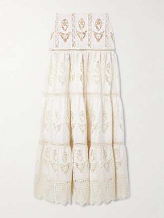 Johanna Ortiz Jupe Longue En Voile À Broderies Et À Finitions En Dentelle Highlighted Fields - Blanc