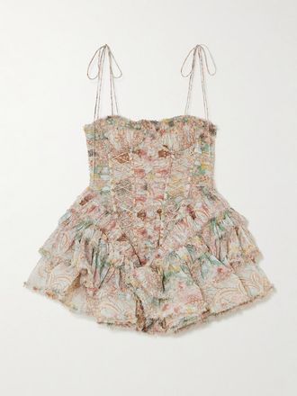 Zimmermann Mini-robe En Soie Imprimée À Volants Et À Perles Rebellion - Rose