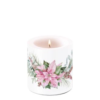 Ambiente Kerze Stumpenkerze Wachswindlicht 9 cm hoch Brenndauer ca 35h Weihnachtsstern wei&szlig; pink Weihnachtsdekoration Tisch Deko