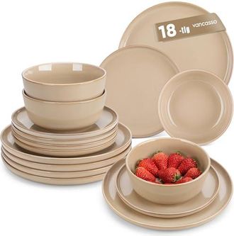 VANCASSO S&eacute;rie PLAYA Service de Table 6 Personnes, Vaisselle Complet 18 Pi&egrave;ces en Gr&egrave;s - 6 Assiettes Plates, 6 Assiettes &agrave; Dessert et 6 Bols - Adapt&eacute; au Micro-