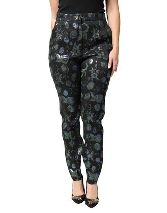 Dolce & Gabbana Womens Floral Metallic Jacquard Trousers Black Polyester Metallized Fiber