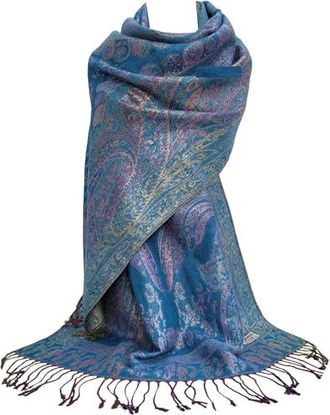 GFM Écharpe de style Pashmina scintillante avec fils métalliques doublés argentés - Bleu - (FS-MSC32-B-TXNL)