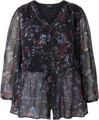 Ulla Popken Satinbluse Bluse Schmetterlinge A-Linie V-Ausschnitt Langarm