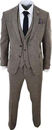 TruClothing Costume Homme 3 Pièces en Tweed à Chevrons en Laine Mélangée Style Vintage Rétro du Gentleman Britannique - Marron Clair 54