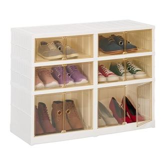 Relaxdays Faltbarer Schuhschrank, HBT: 66,5 x 86,5 x 34,5 cm, f&uuml;r 12 Paar, Kunststoff, Schuhregal mit Rollen, wei&szlig;/braun