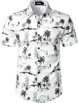 JOGAL Chemise hawaïenne en coton à manches courtes pour hommes, blanc/gris, Large