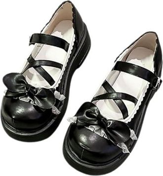 BESTONZON JOINPAYA Chaussure Femme Lolita &agrave; Bout Rond Chaussure Lolita Noire Cuir pour Fille &agrave; Noeud D&eacute;coratif