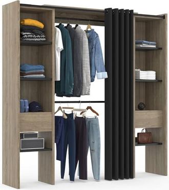 IDMarket Dressing Extensible Double Meryl 120/180 x 50 x 180 cm h&ecirc;tre avec &eacute;tag&egrave;res h&ecirc;tre + Double penderie + Rideau Noir