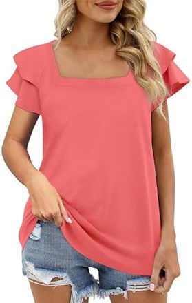 Generic Chemisier uni à manches courtes pour femme - Couleur unie - Col carré - Avec double couche - Haut ample - Pour la vie quotidienne - Cadeau de Noël, RD