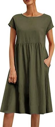 Generic Robe dété pour femme - Couleur unie - Tendance - En coton et lin - Col rond - Robe longue pour petite taille, ag, S