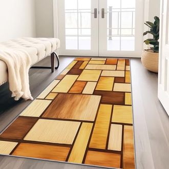 Generic Tapis de Couloir Long 65 x 240 cm Tapis de Passage Lavable Antid&eacute;rapant Doux Abstrait Moderne Grain de Bois Damier Tapis pour Buanderie Cuisine Chambr