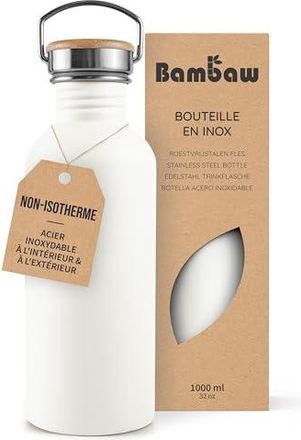 Bambaw Gourde M&eacute;tal 1l, Bouteille dEau Blanche, Gourde Reutilisable Non-Isotherme, Gourde 1l Sport, Gourde Acier, Gourde Inox 1l - Blanc Polaire