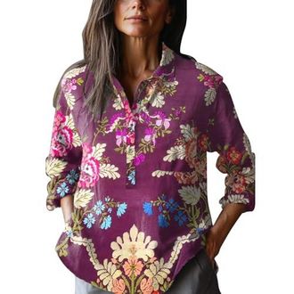 Generico Chemise Femme Curvy &agrave; Manches Longues Blouse en Lin Coton &Eacute;l&eacute;gant Grande Taille Chemises Col en V Doux Chemisier Vintage Fantaisie avec Boutons L&eacute;ger 