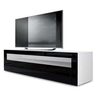 Vladon Buffet Bas Valencia, Meuble TV avec 1 Compartiment Ouvert et 2 clapets, Blanc Mat/Noir Haute Brillance/Noir Haute Brillance (155 x 46 x 40 cm)