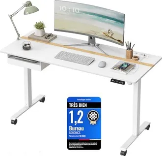 Vasagle Bureau &Eacute;lectrique R&eacute;glable en Hauteur, Bureau Assis-Debout, Surface 60 x 140 cm, R&eacute;glable en Continu, Fonction M&eacute;moire de 4 Hauteurs, Blanc LSD114W01