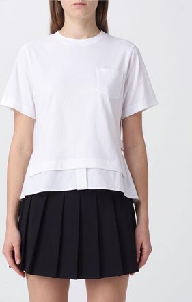 sacai Kurz&auml;rmeliges Baumwoll-T-Shirt mit kontrastierendem R&uuml;schensaum