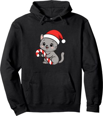 Generic Graue Katze mit Weihnachtsmütze und Zuckerstange Pullover Hoodie
