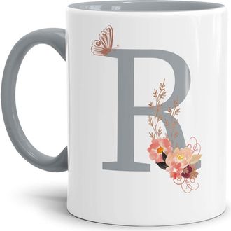Tassendruck Buchstaben-Tasse mit Blumen - Buchstabe R - Innen & Henkel Grau - Mug/Cup/Becher/Edel/Geschenk-Idee/Beste Qualität - 25 Jahre Erfahrung