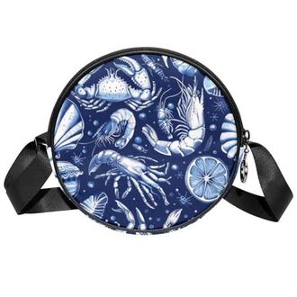 Generic Sac &agrave; bandouli&egrave;re rond pour femme, motif crevettes, crabe, petit sac &agrave; bandouli&egrave;re avec fermeture &eacute;clair, bretelles r&eacute;glables, sac &agrave; main rond d&eacute;contr