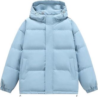 Generic Veste en duvet épaisse pour homme - Couleur unie - Manteau à capuche à manches longues et fermeture éclair - Vêtements dextérieur pour hommes, bleu cl