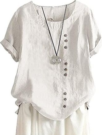 ORANDESIGNE Blouse en Lin Femme Manches Courte T-Shirts Hauts Vrac Lin Chic Grand Taille Retro Mode Tops Col Rond Blouses Chemisiers Casual Shirts Vintage Chemise