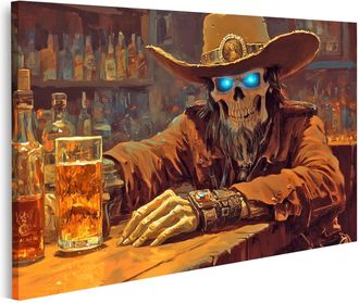 Islandburner Bild auf Leinwand Skelett Cowboy genie&szlig;t EIN Bier in Einer d&uuml;steren Bar Bilder Wandbilder Poster