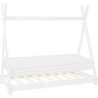 ML Design Kinderbett Tipi 80x160 cm Weiß mit Matratze und Lattenrost, Indianer Bett aus Kiefernholz, Hausbett für Mädchen und Jungen, Bodenbett Kinderhaus