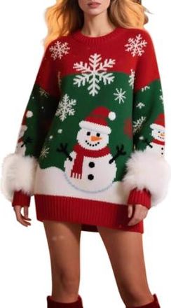 Minetom Robe Pull De Noel Femme Col Rond Ample en Maille Long Pullover Tricot &Agrave; Manche Longue Dress De Soir&eacute;e B Rouge M