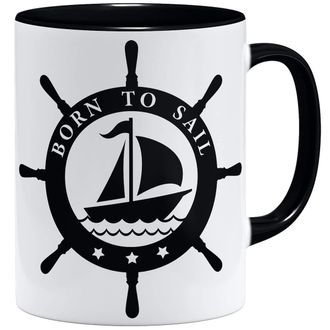 OM3 Born To Sail Segel Kaffee-Tasse mit Spruch- Keramik Becher - 11oz 325ml - Beidseitig Bedruckt - Schwarz