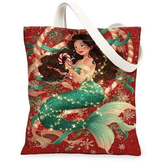 Generic Sacs fourre-tout en toile de sir&egrave;ne de No&euml;l, motifs festifs sous-marins, r&eacute;utilisables, l&eacute;gers et lavables avec bandouli&egrave;re pour voyage, plage, shoppi