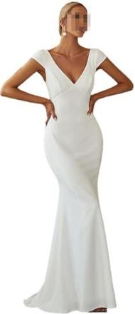 Generic Robe de mariée à col en V profond avec manches courtes, dos nu, robe en mousseline de soie et dentelle, blanc, 42