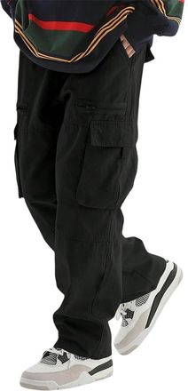 OLIPHEE Cargohose Herren Lang Outdoor Cargo Hose Herren Herbst mit Taschen und Gummizug Bund Loose Freizeithose Outdoorhose Wanderhose Vintage Pants Aschwarz 
