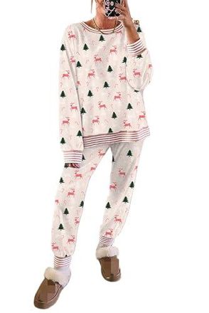 Generic Ensemble de pyjama 2 pi&egrave;ces pour femme, motif sapins de No&euml;l et noeuds, manches longues et pantalon, Rouge, XXL