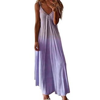 Generic Robe d&eacute;t&eacute; boh&egrave;me pour femme - Col en V - Robe a&eacute;r&eacute;e - D&eacute;grad&eacute; de couleurs - Robe longue sans manches - Robe de plage sexy &agrave; bretelles spaghetti - Robe