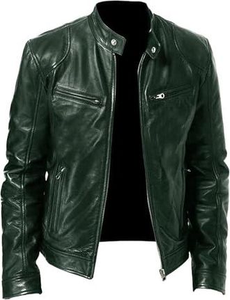 Generic Veste bomber de moto en similicuir avec fermeture éclair et col montant pour homme, Vert, XXL