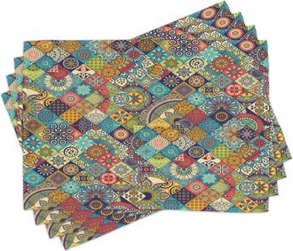Abakuhaus Bohemien Platzmatten, Kariertes Muster mit ethnischen Ornamental Floral Figuren Ethnische Volkskunst Abstract, Tiscjdeco aus Farbfesten Stoff für das 