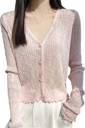 Generic Pull en soie pour femme avec col en V et dentelle Style court D&eacute;contract&eacute; Doux Slim Tops, Rose, XS