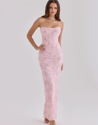 House of CB Anisa rosa, handbesticktes, verziertes, tr&auml;gerloses Maxikleid in Rosa