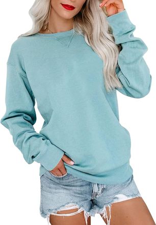 Minetom Pullover Damen Herbst Sweatshirt Langarmshirt Rundhals Elegant Pulli Casual Oberteile Winter Sweatshirts ohne Kapuze Frauen A Hellblau XL